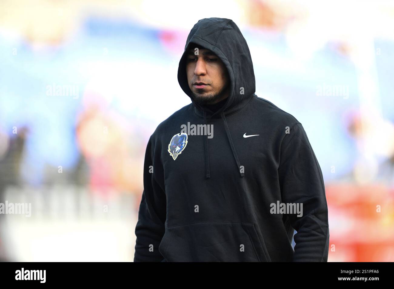 Baltimore Ravens linebacker Tavius Robinson looks on during pre-game ...