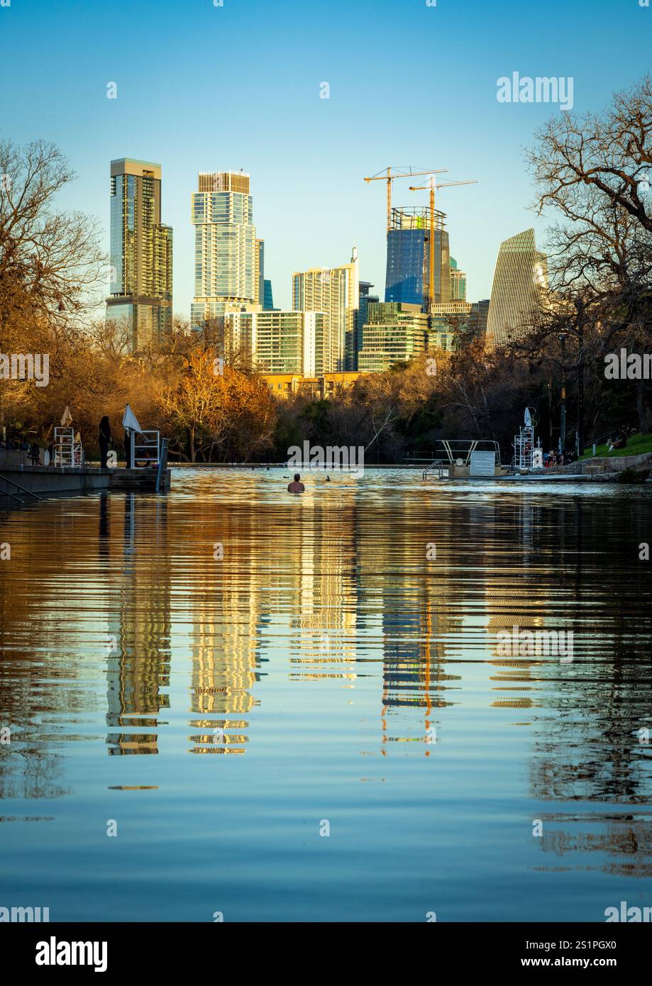 City skyline of Austin Texas from the swimming pool at Barton Springs ...