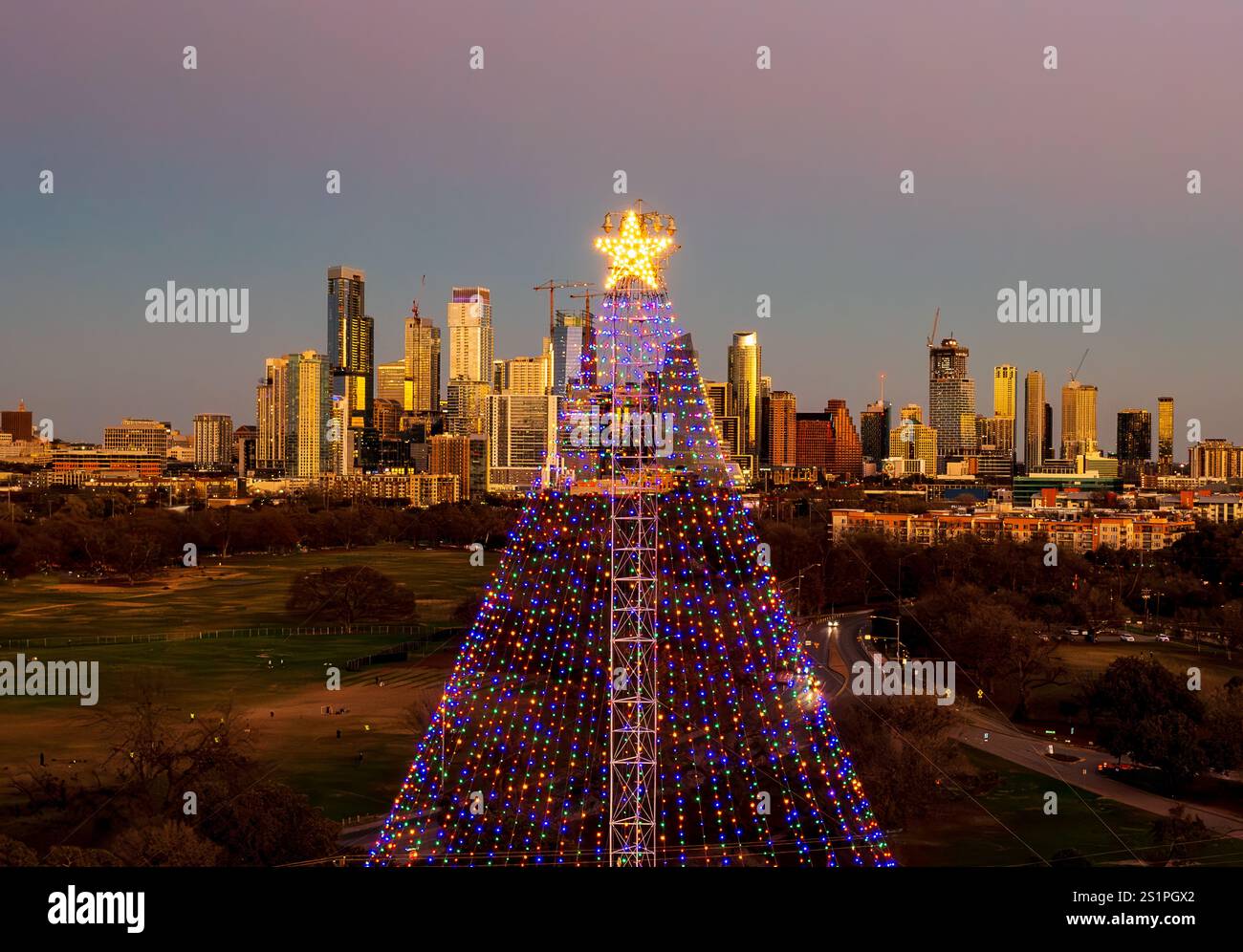 Aerial Zilker Christmas tree and downtown Austin Texas from ...