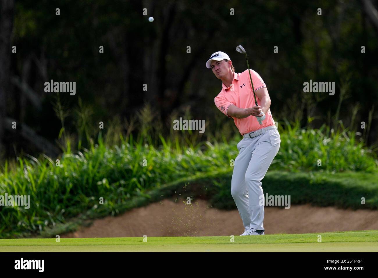 Maverick McNealy chips onto the fourth green during the third round of ...