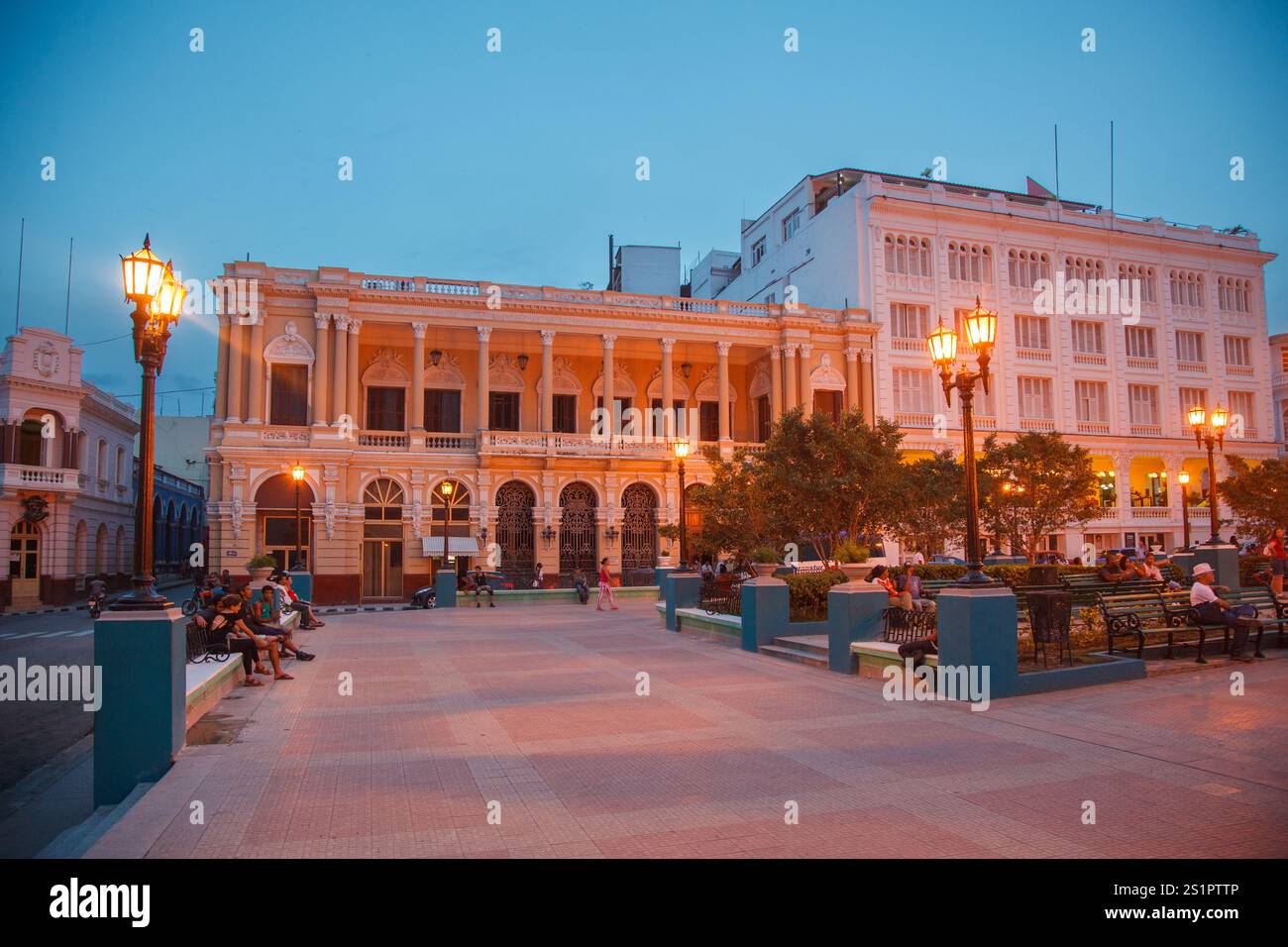The Historical buildings in Parque Cespedes at night, Santiago de Cuba ...
