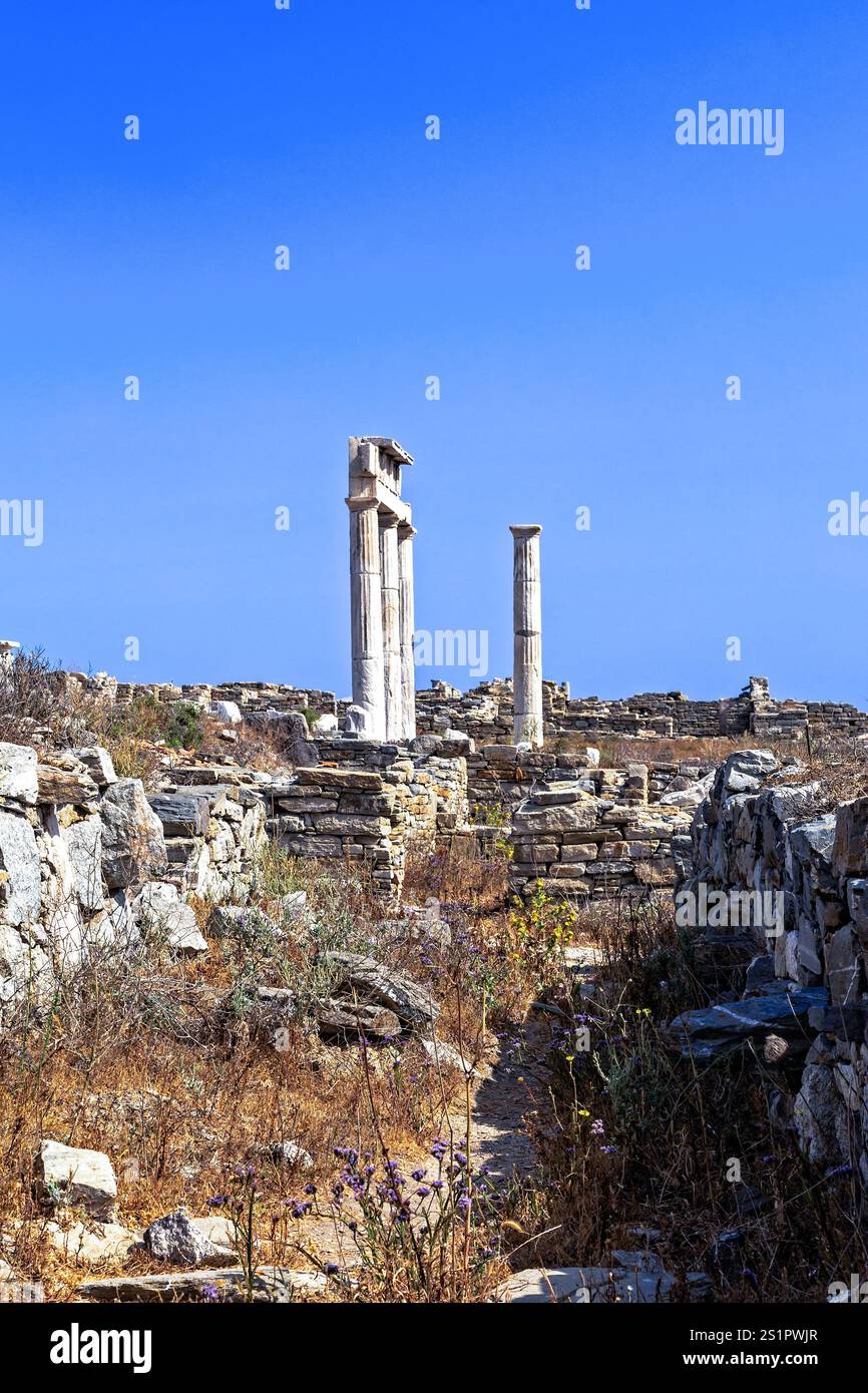 Ancient Greek Ruins under a Clear Blue Sky, Delos, Greece Stock Photo ...