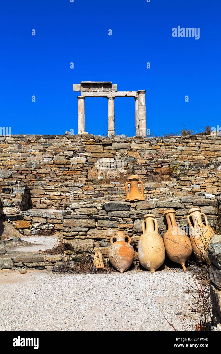 Ancient Stone Ruins with Pillars Against Clear Blue Sky, Delos, Greece Stock Photo - Alamy