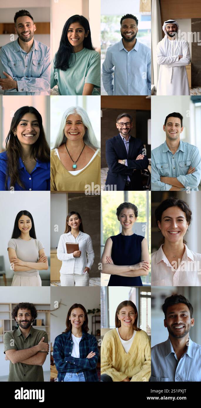 Vertical collage view, group of happy people look at camera Stock Photo ...