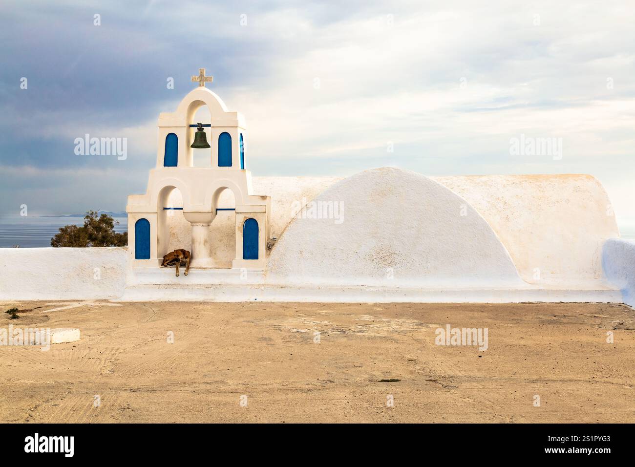 Traditional Whitewashed Greek Church Building with Bell Tower and Blue ...