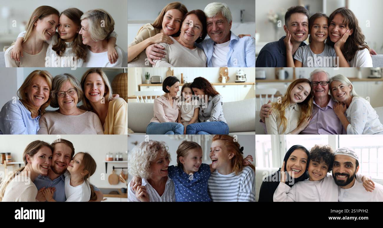 Collage of happy multi-generational families smiling looking at camera ...