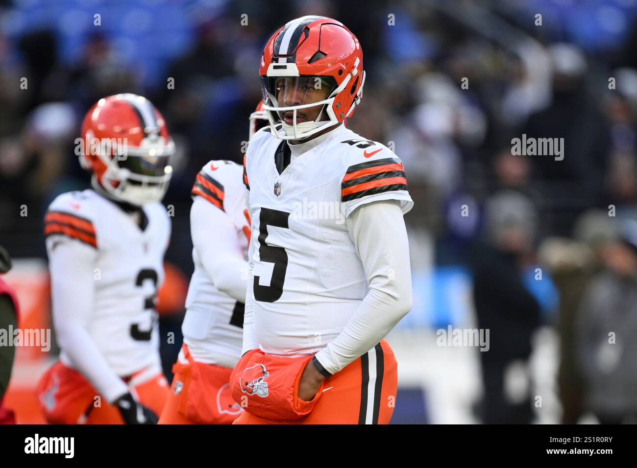 Cleveland Browns quarterback Jameis Winston (5) looks on during pre ...