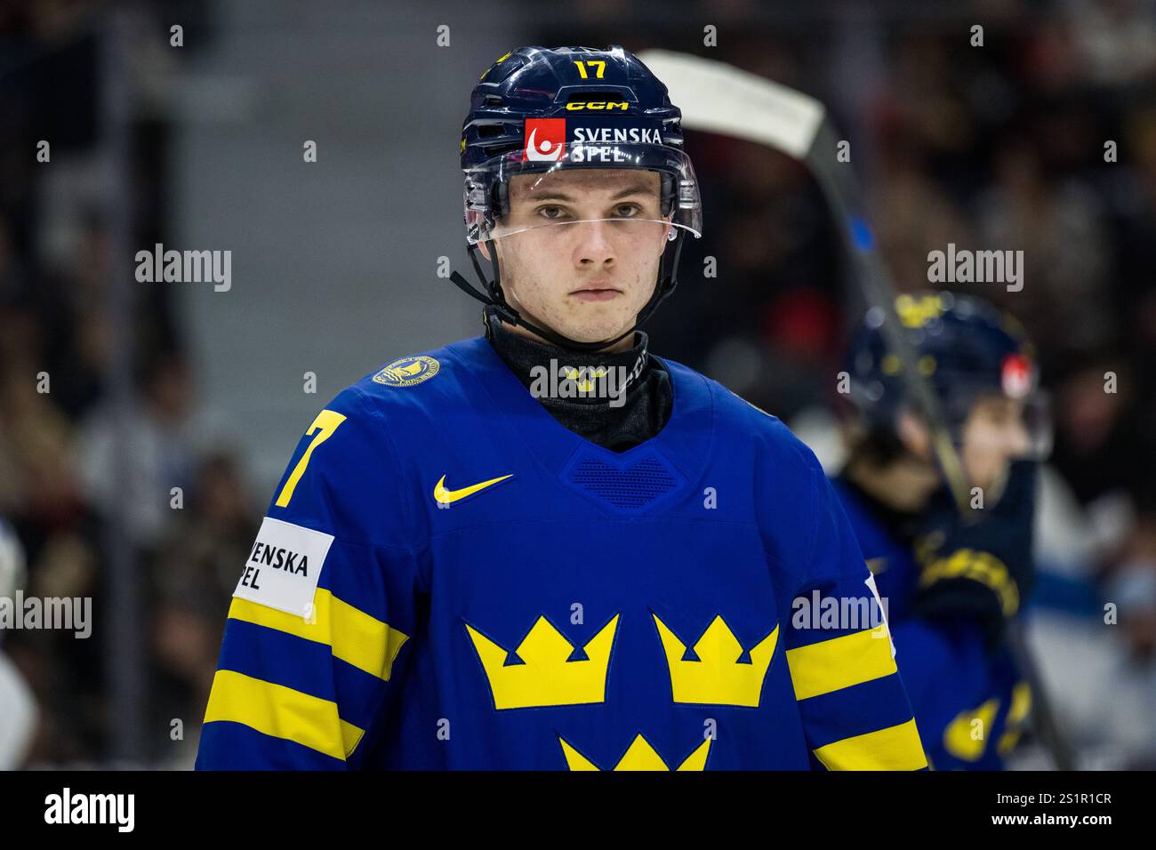 Felix Nilsson of, Sweden. , . during the 2025 IIHF World Junior ...