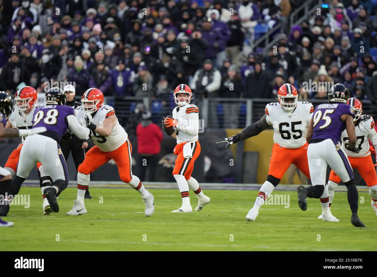 Cleveland Browns quarterback Bailey Zappe drops back to pass during the ...