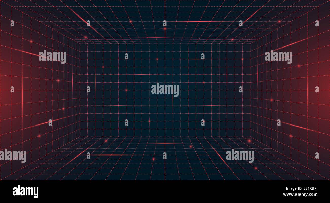 Futuristic HUD grid box featuring abstract wireframe design. Red dotted grid lines on dark blue ...