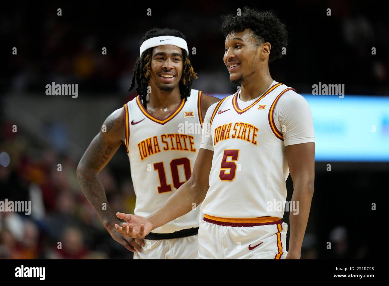Iowa State guard Curtis Jones (5) talks with teammate guard Keshon ...
