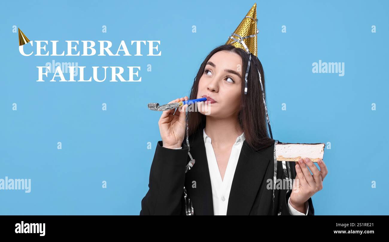 Celebrate failure. Businesswoman in party hat with blower and piece of ...