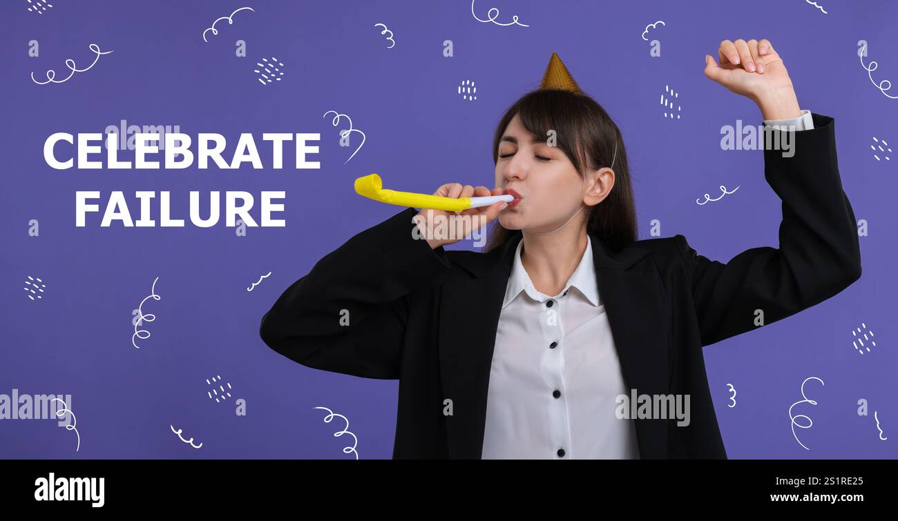 Celebrate failure. Businesswoman in party hat with blower on violet ...
