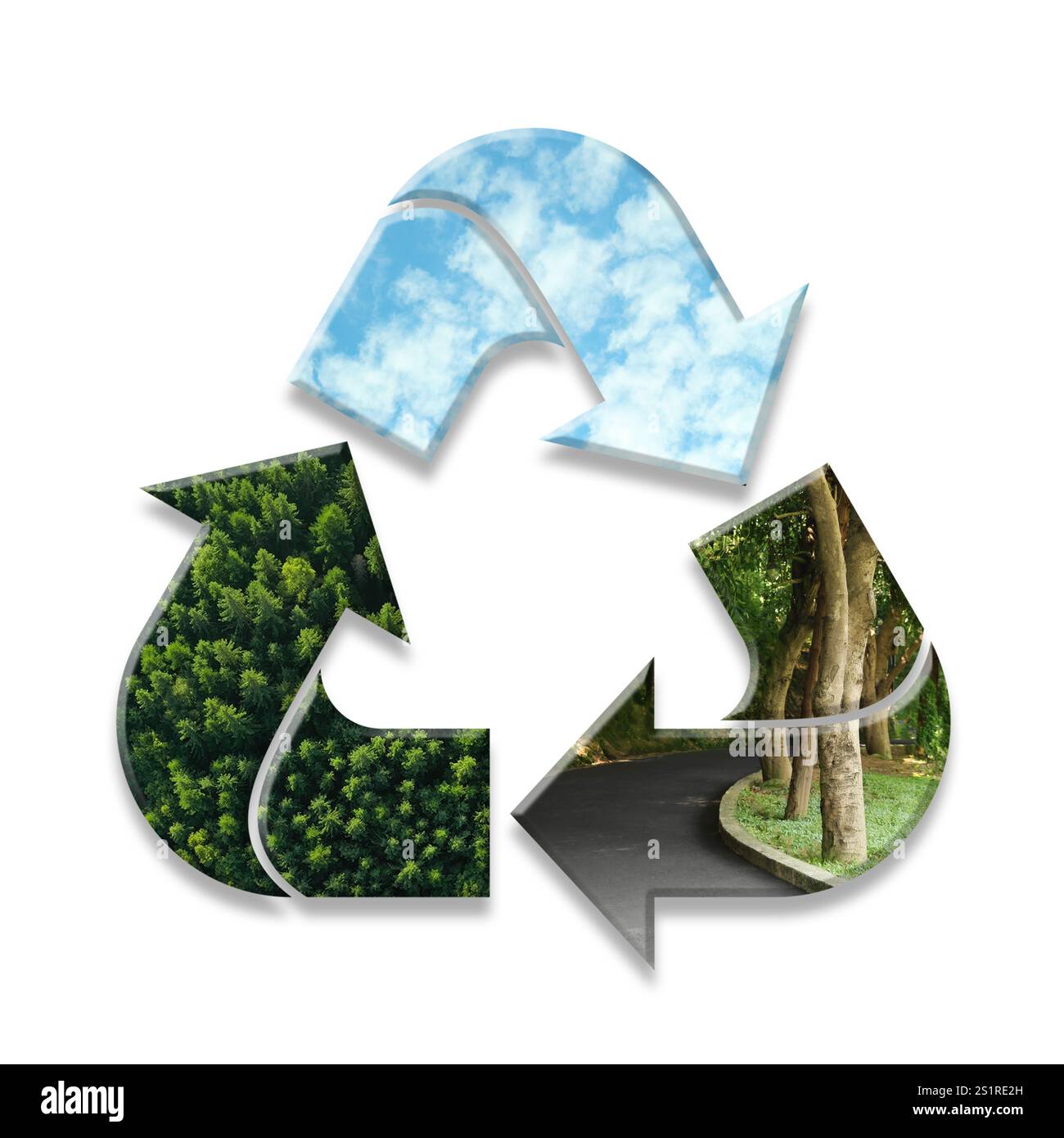 Save Earth. Recycling symbol with green plants and blue sky on white ...