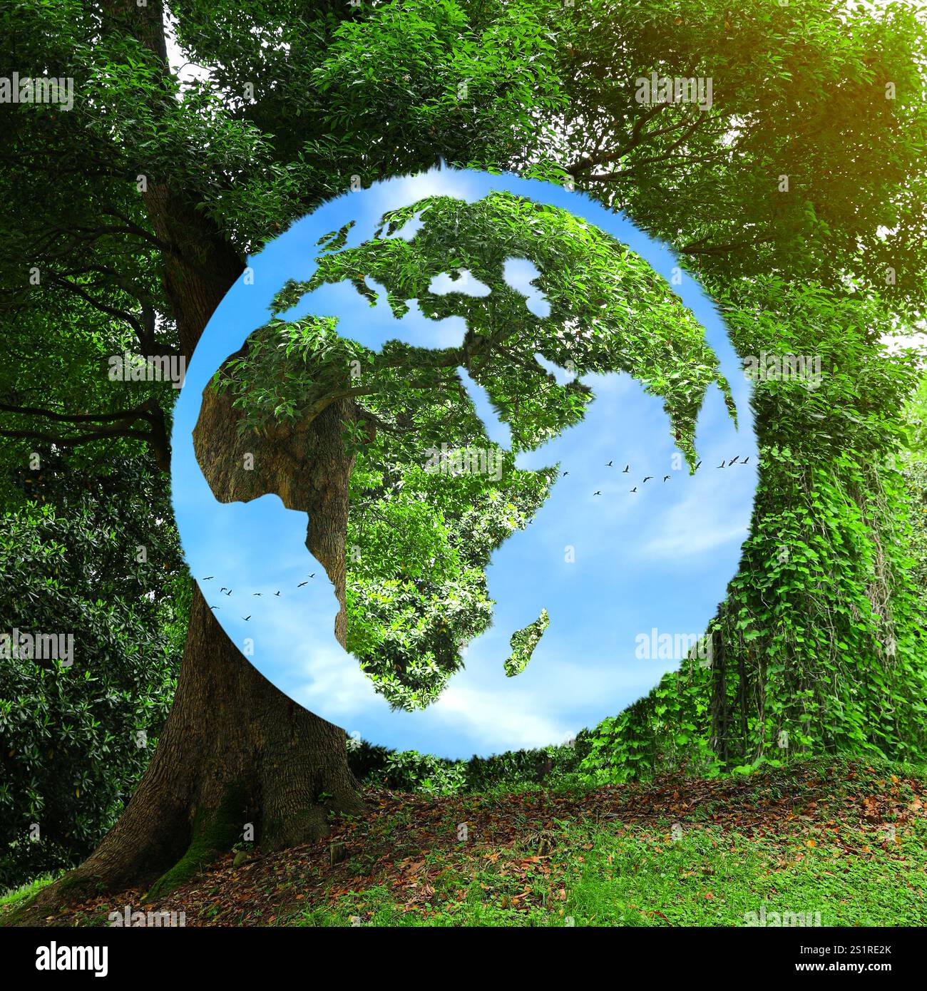 Save Earth. Globe with continents outlines and green tree in park ...
