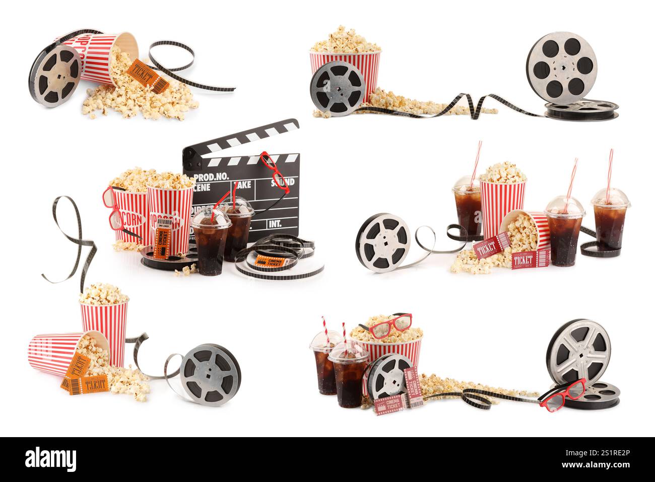 Popcorn, cinema tickets, clapper, glasses, soda drink and film reels on ...