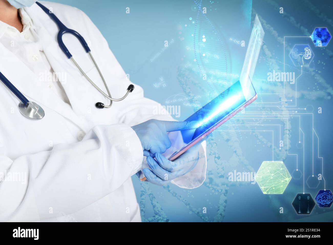 Medical technology. Doctor using tablet, closeup. Scheme with different ...