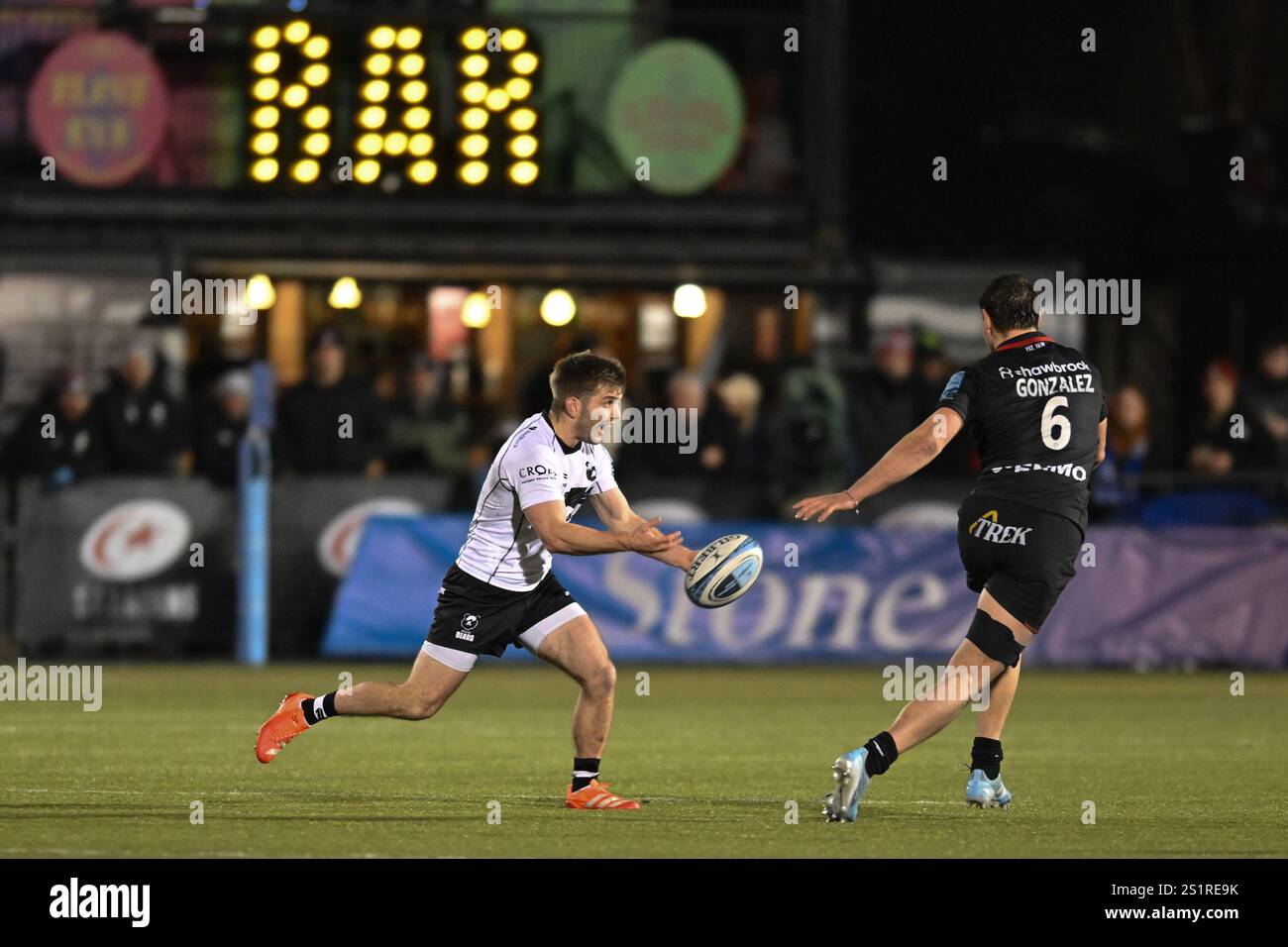 Harry Randall of Bristol Bears passes the ball out during the Gallagher ...