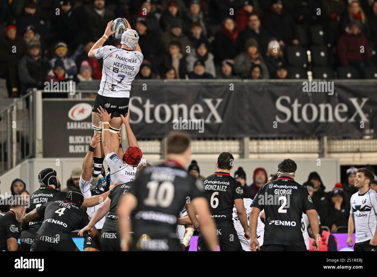 Fitz Harding of Bristol Bears collect the line out ball during the ...