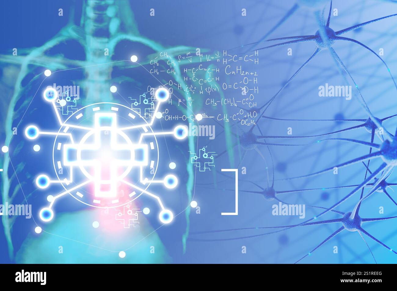 Medical technology. Scheme with icon, chemical formulas, human skeleton ...