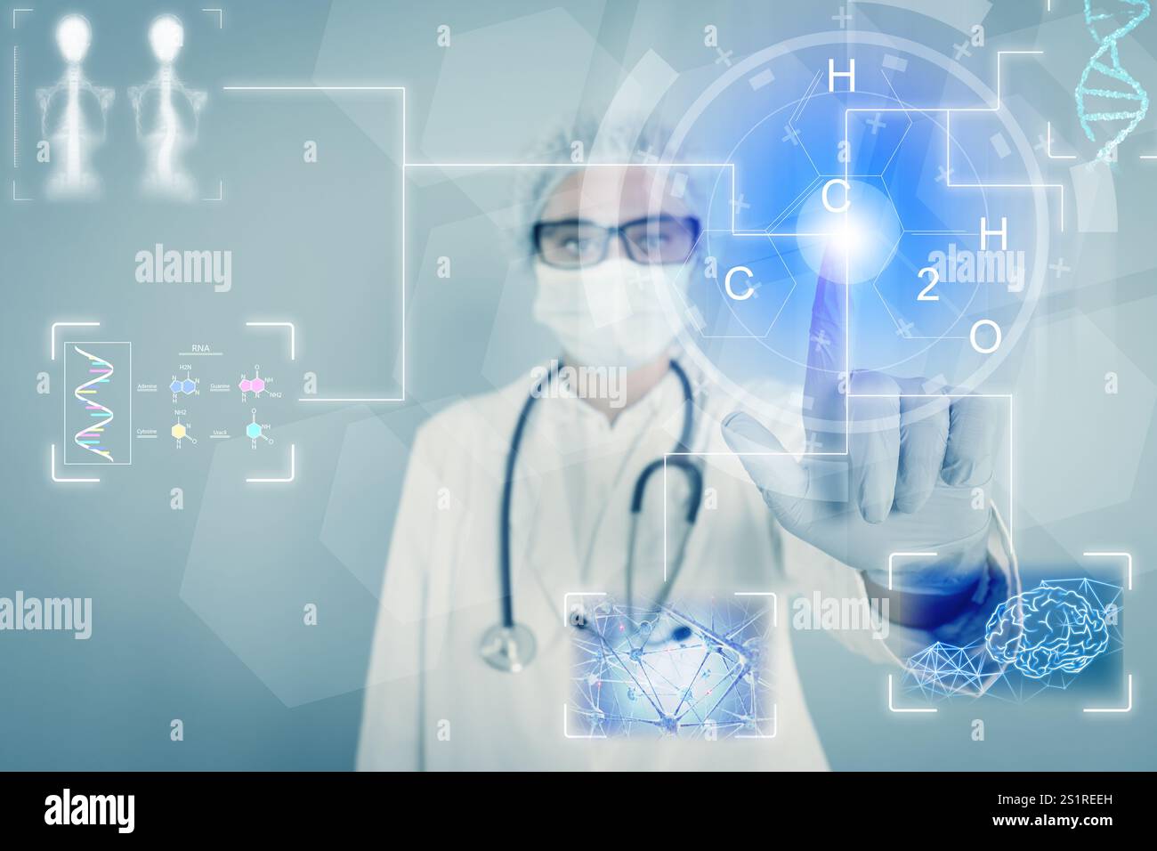 Medical technology. Doctor using virtual screen with different digital ...