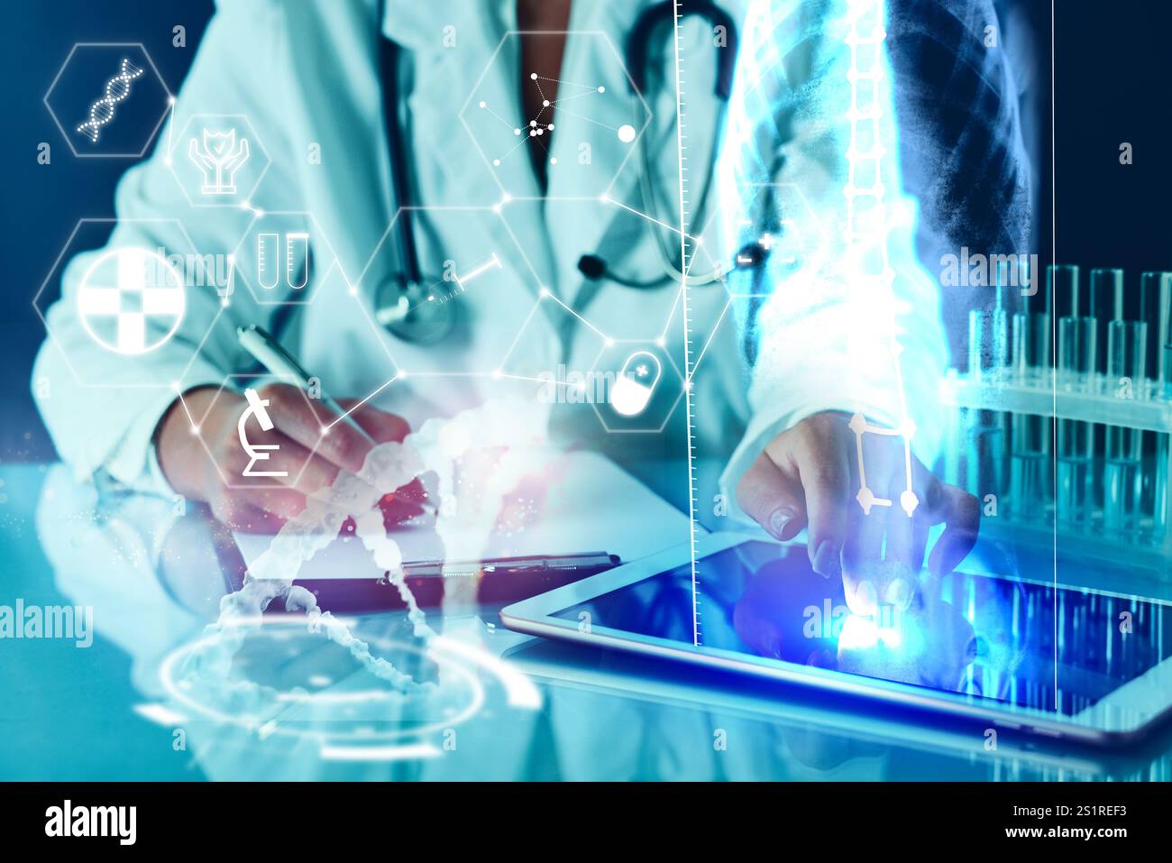Medical technology. Doctor working with tablet, closeup. Human skeleton ...
