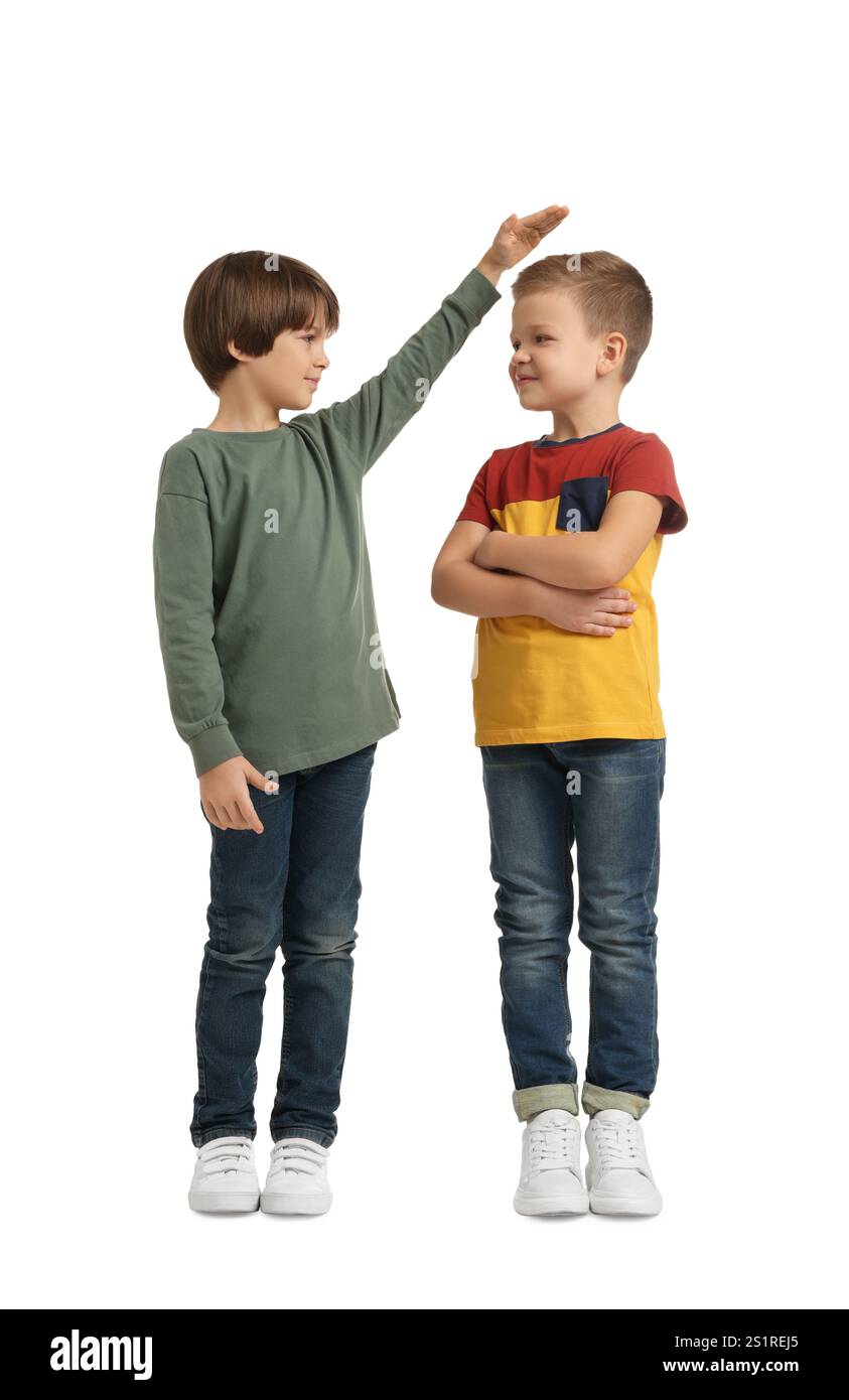 Cute brothers comparing their height on white background Stock Photo ...