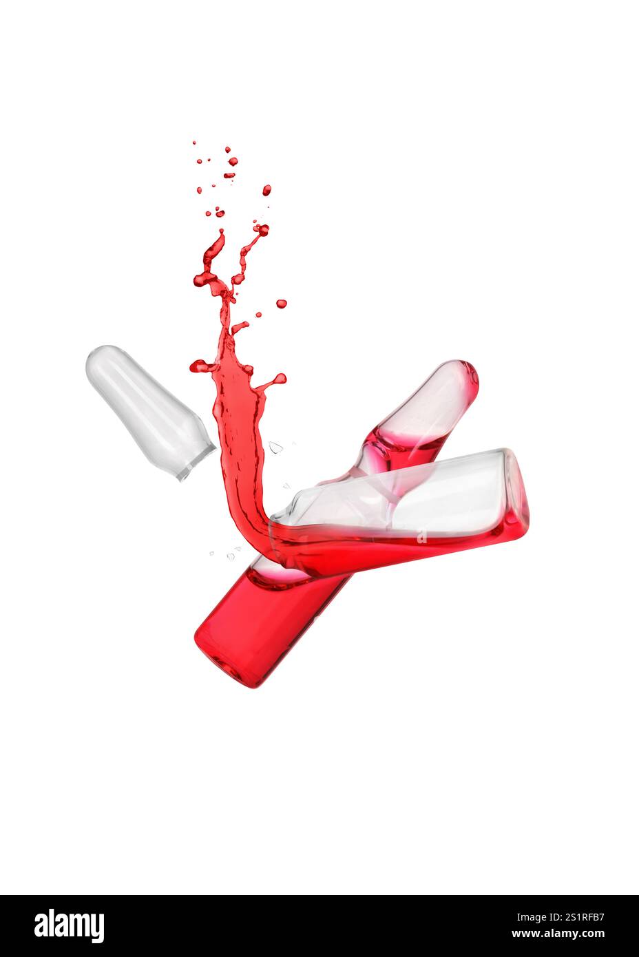 Ampoules and one open with splashing liquid in air on white background ...