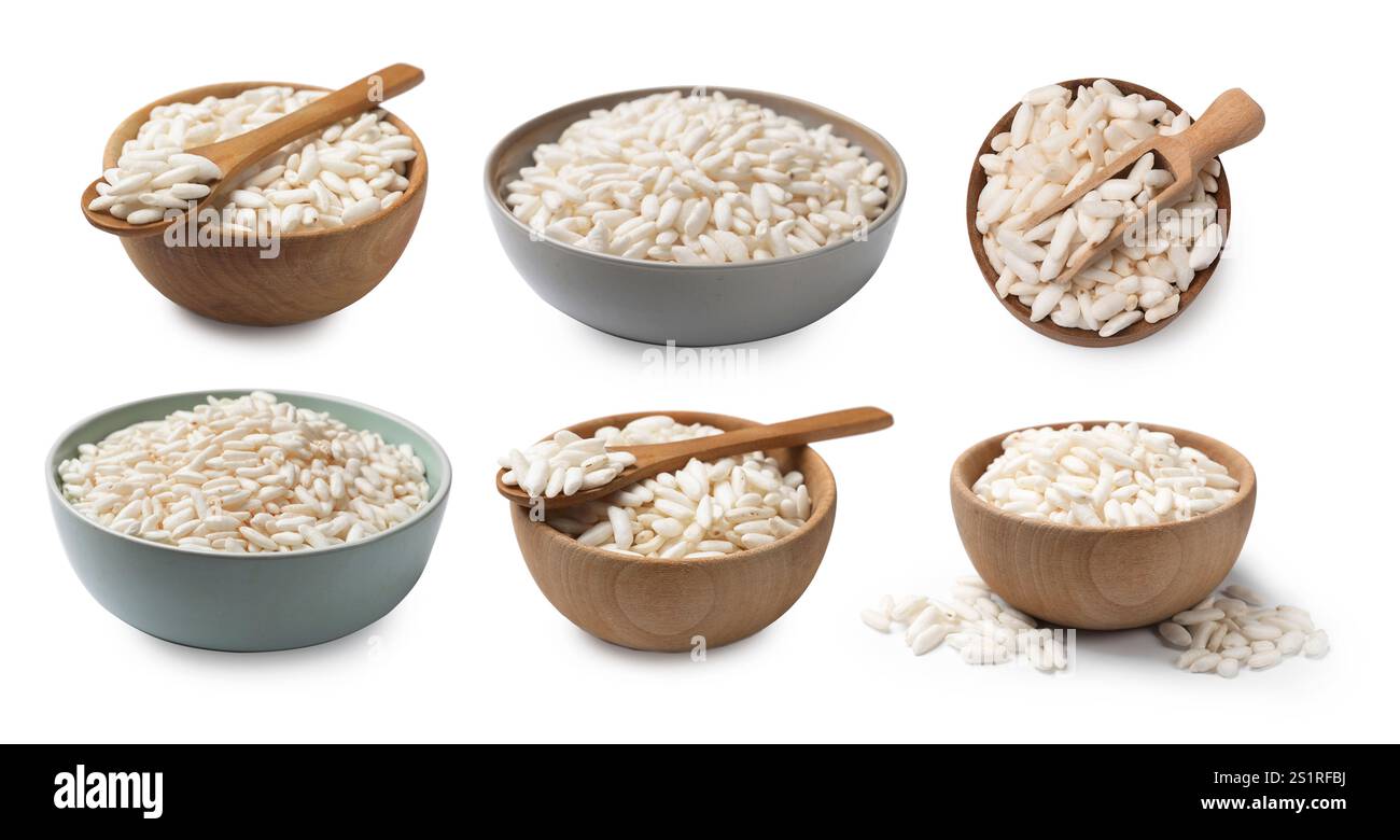 Crispy puffed rice in bowls isolated on white, set Stock Photo - Alamy