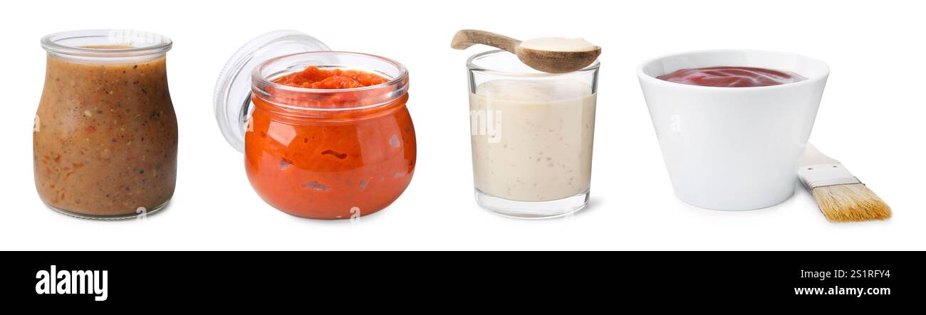 Different marinade sauces isolated on white, set Stock Photo - Alamy