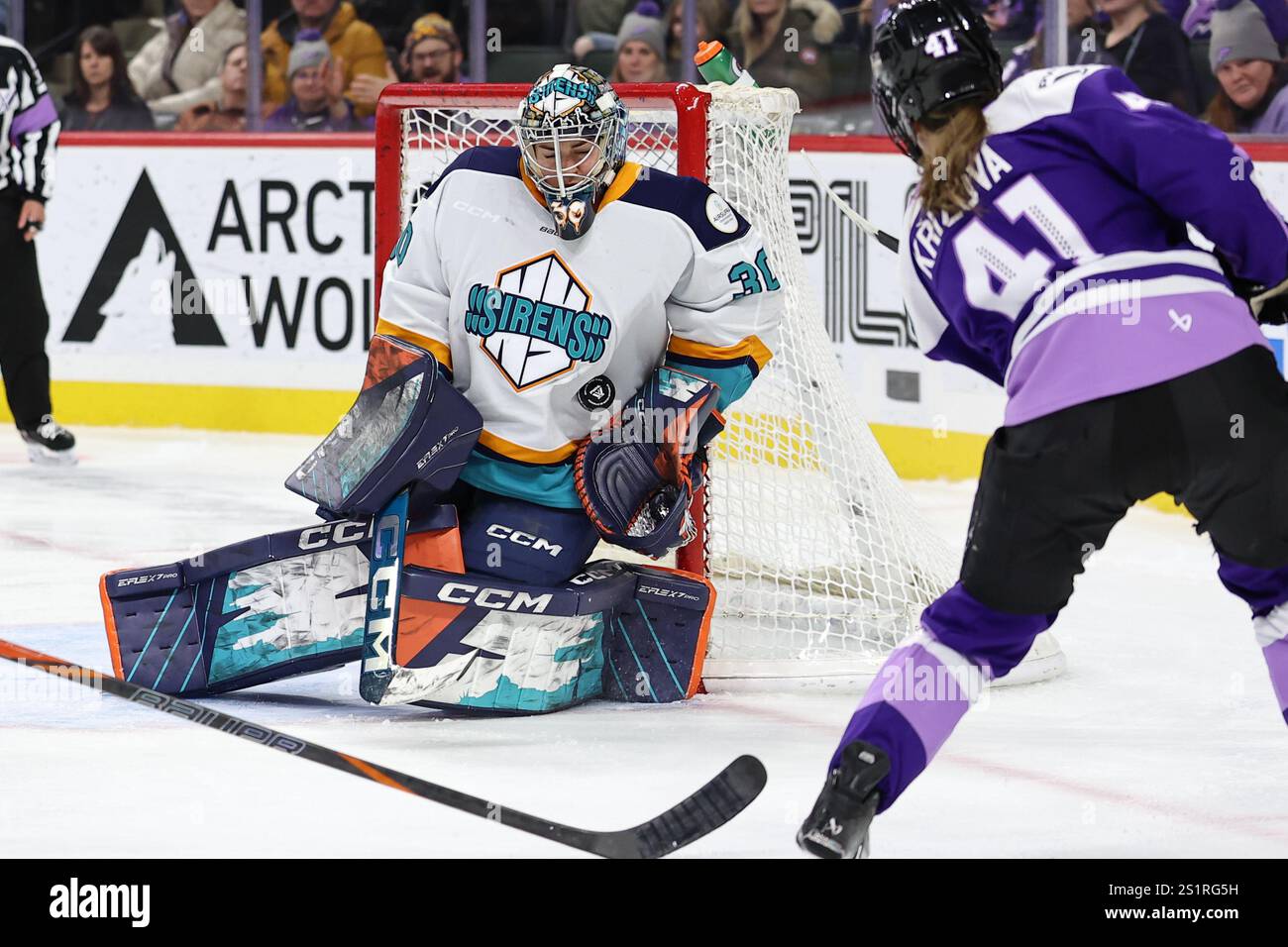 January 4th, 2025: New York Sirens goalie Corinne Schroeder (30) makes a save during a PWHL ...