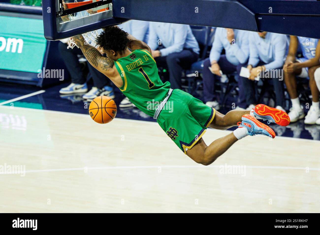 January 04, 2025: Notre Dame guard Julian Roper II (1) hangs onto the ...