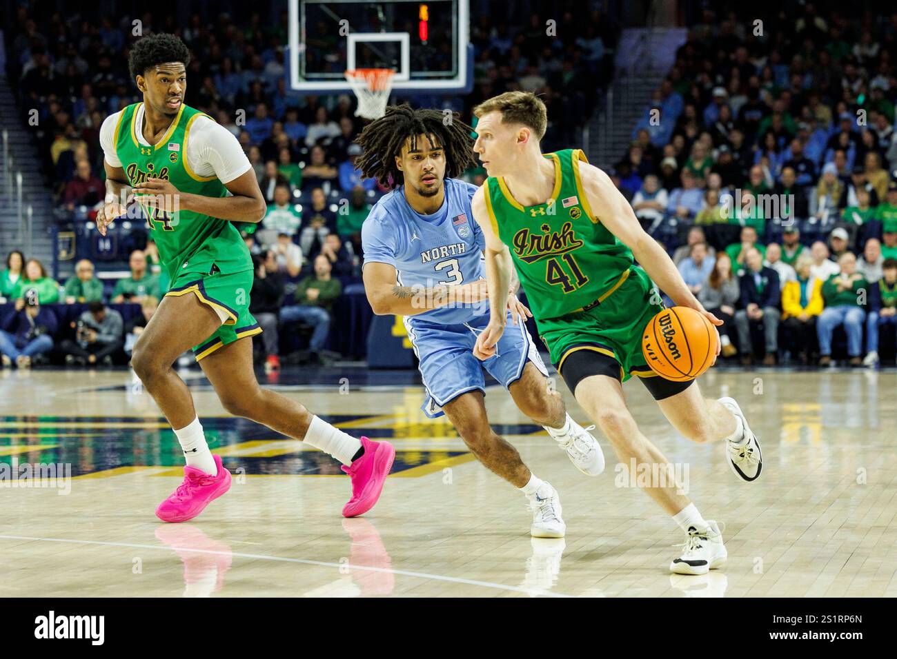 January 04, 2025: Notre Dame guard Matt Allocco (41) drives to the lane ...