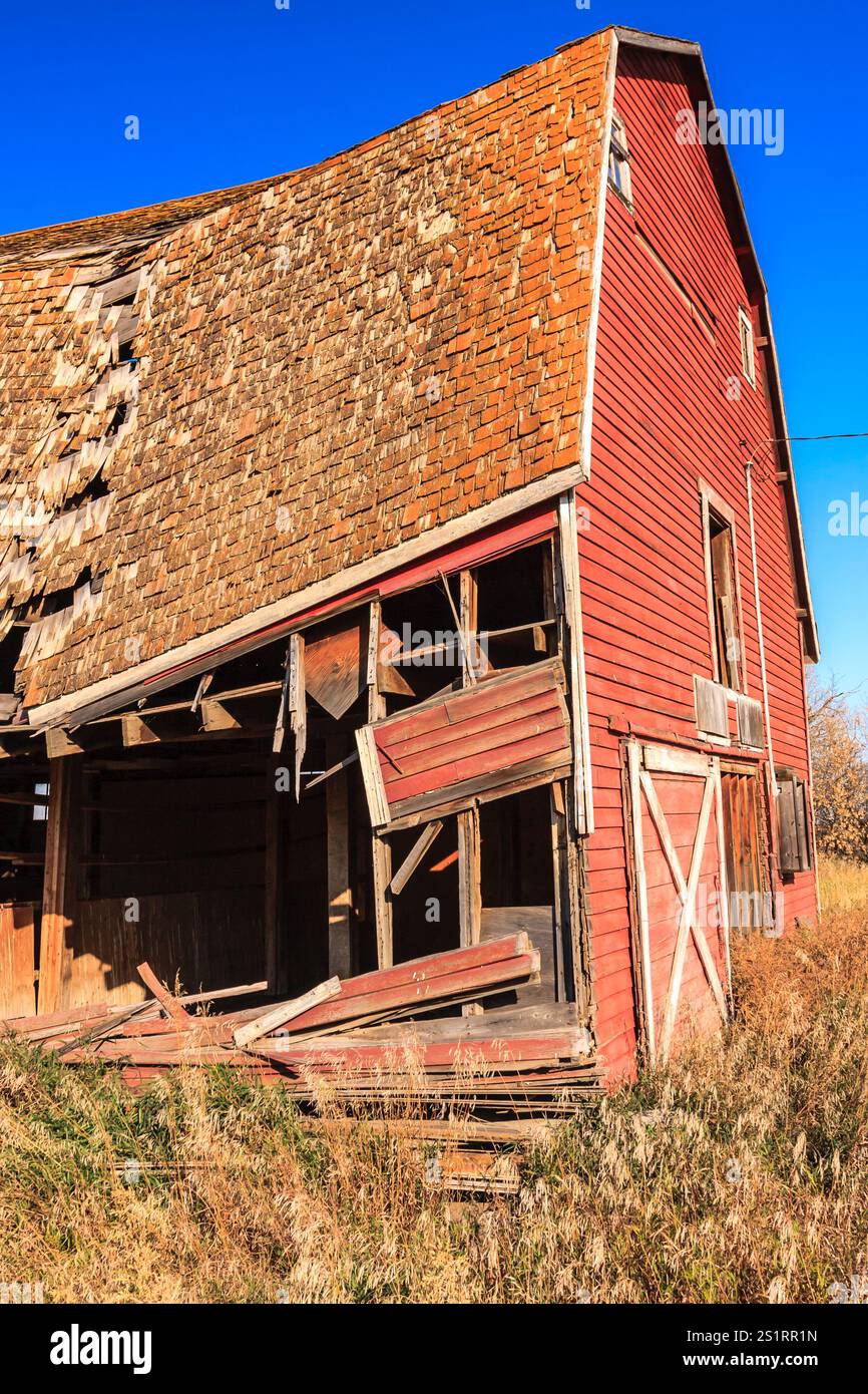 A red barn with a broken roof and a broken door. The barn is old and ...