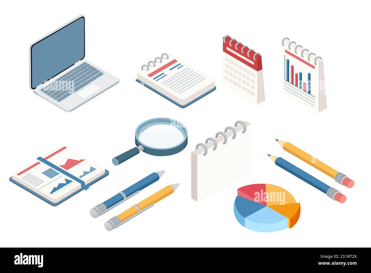 Collection of isometric business office items. Charts, pencils ...