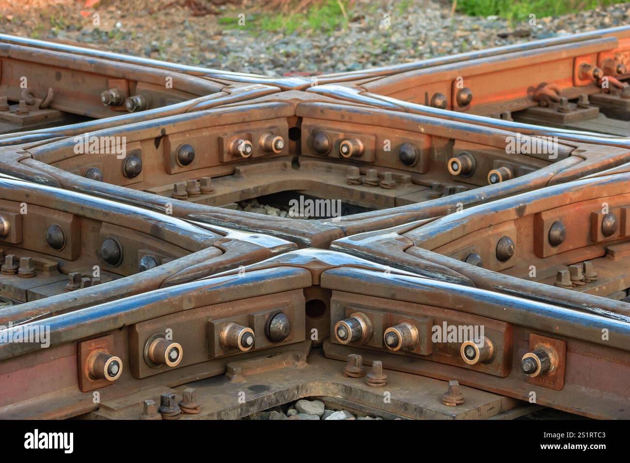A railroad track with a cross section of the tracks. The tracks are old ...