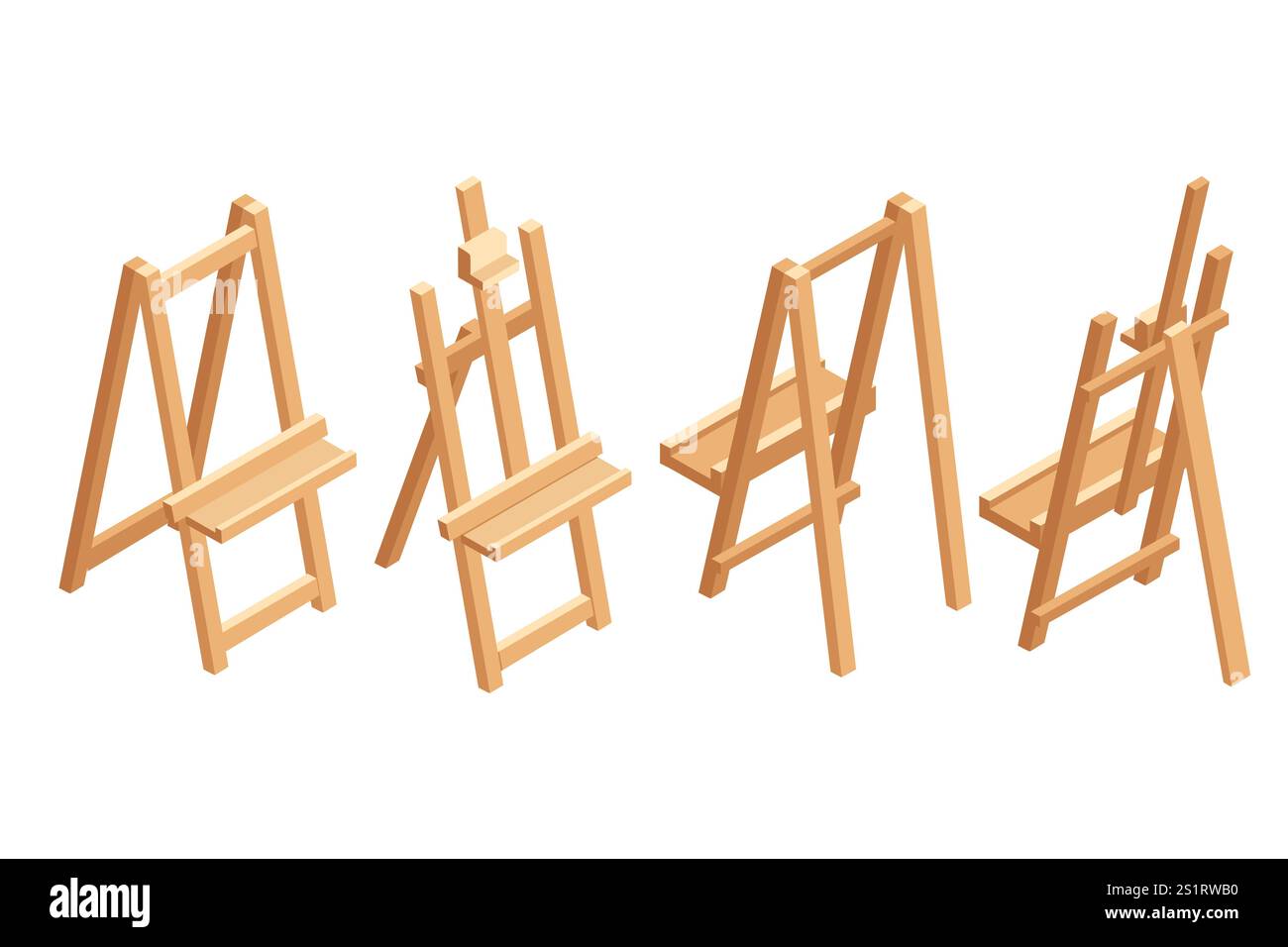 Set of isometric wooden easel stand. Empty easel without artboard ...