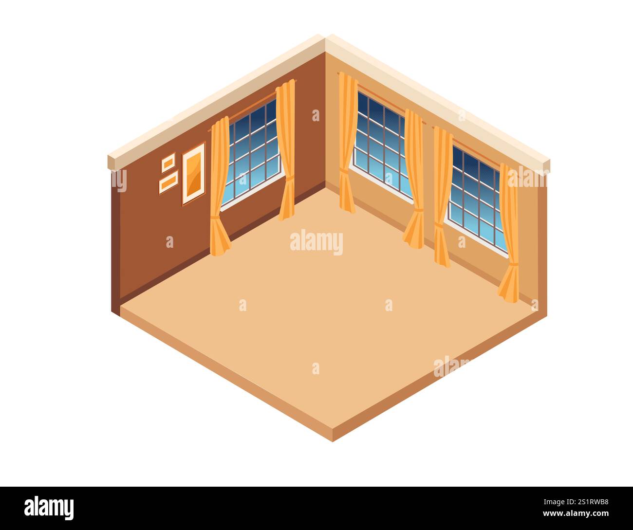 Isometric empty living room layout with windows and beige walls ...
