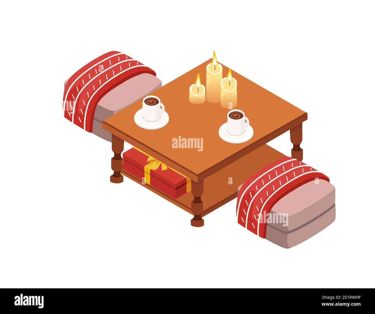 Isometric coffee table setup with teacups, candles. Great for cozy home ...