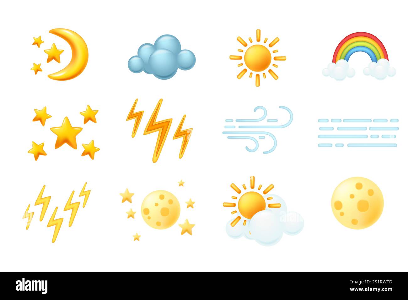 Set of cartoon 3d style weather icons. Sunlight, rain, fog, wind ...