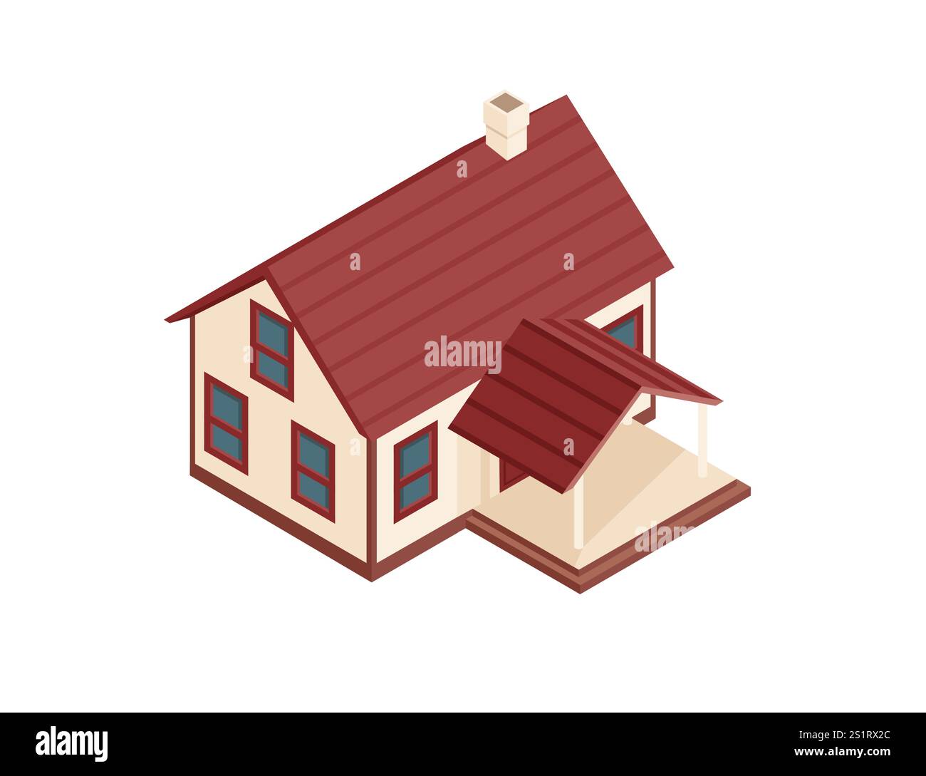 Isometric suburban home with a red gable roof, chimney, and porches ...