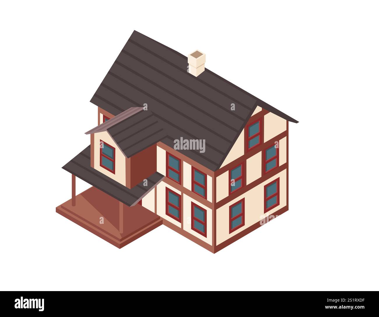 Isometric suburban home with a black gable roof, chimney, and porches ...