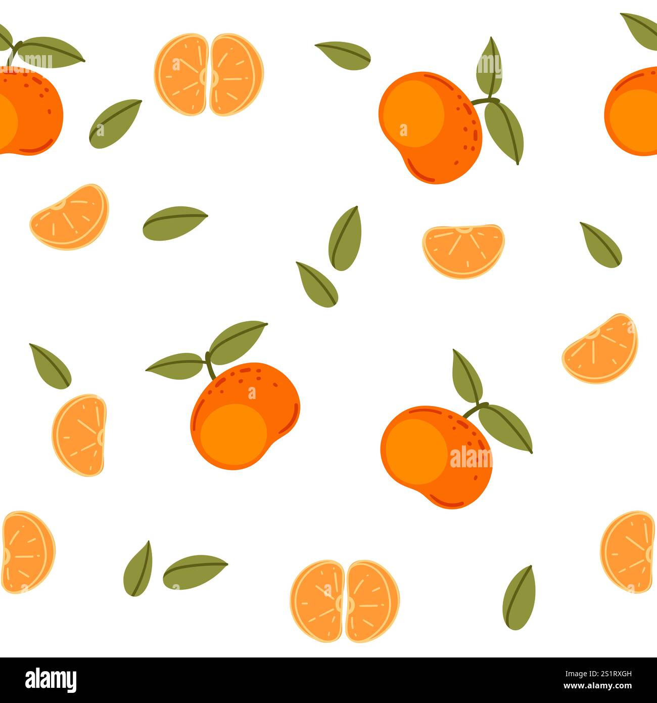 Seamless pattern of Mandarin with green leaves, whole and sliced citrus ...