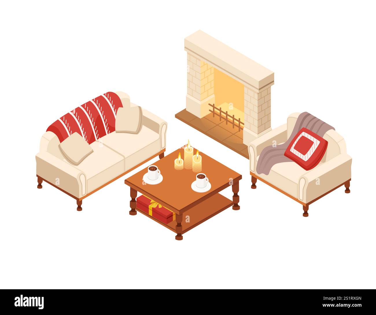 Isometric cozy living room setup with sofas, a fireplace, and a coffee ...