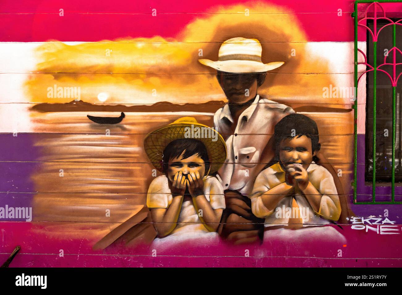 Vivid Urban Mural Depicting Family in Rural Landscape at Sunset, Isla ...