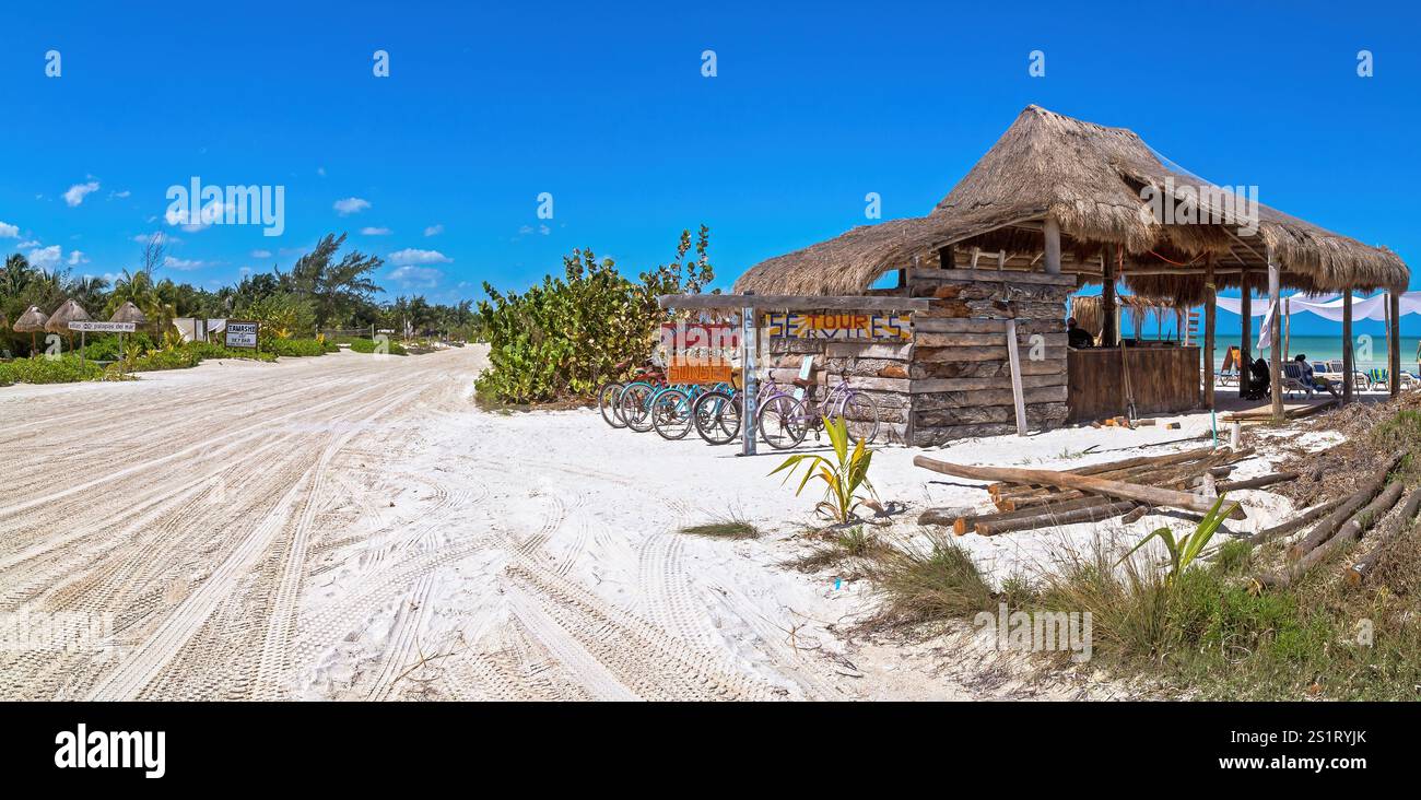 Tropical Beach Setting with Rustic Hut and Blue Sky Atmosphere, Isla ...
