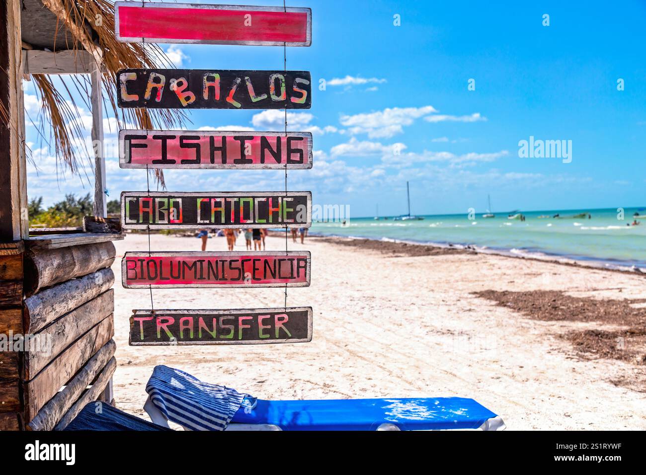 Wooden Coast Sign on Tropical Beach with Clear Skies, Isla Holbox ...