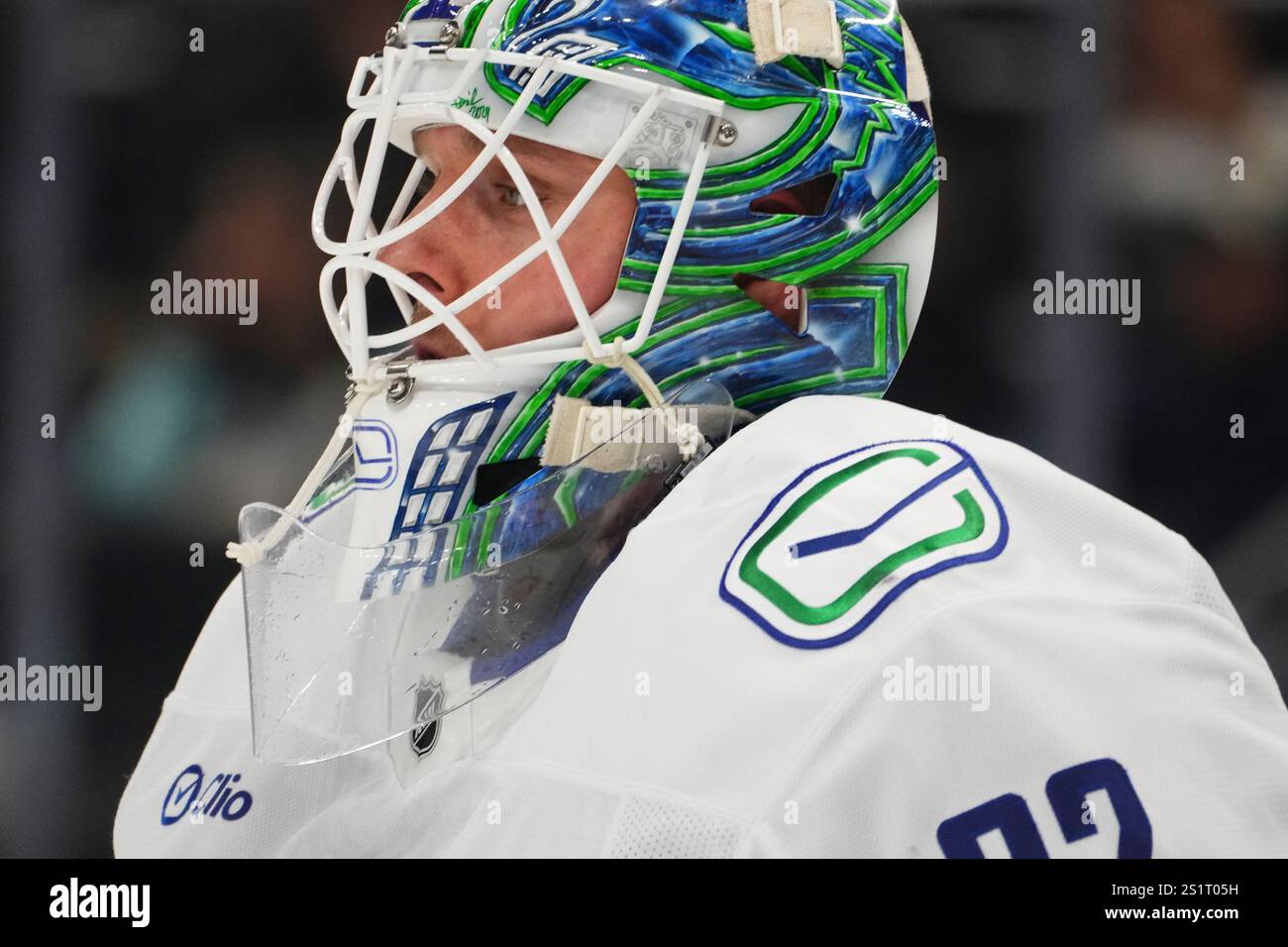 Vancouver Canucks goaltender Kevin Lankinen looks on against the ...