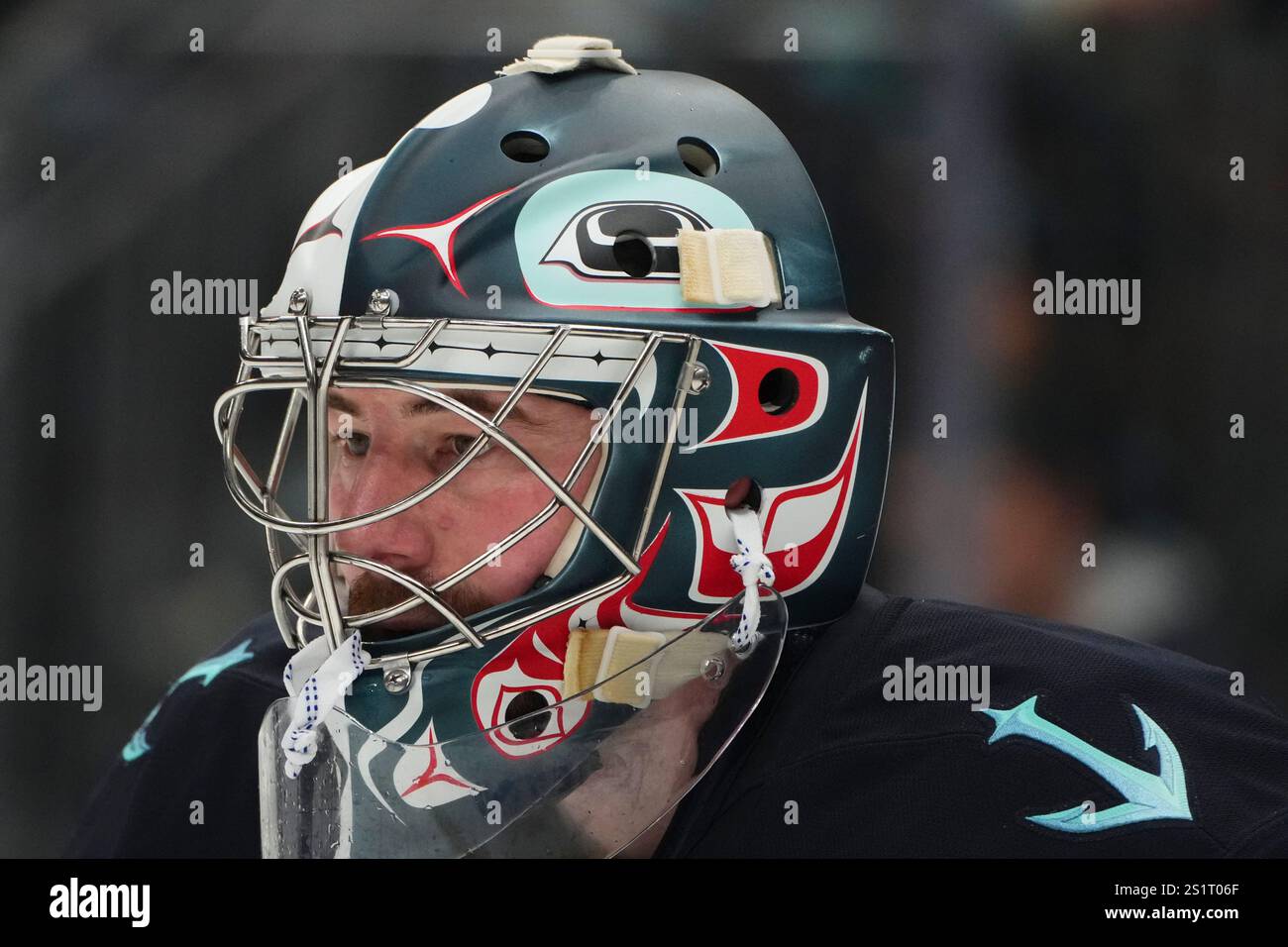 Seattle Kraken goaltender Philipp Grubauer looks on against the ...