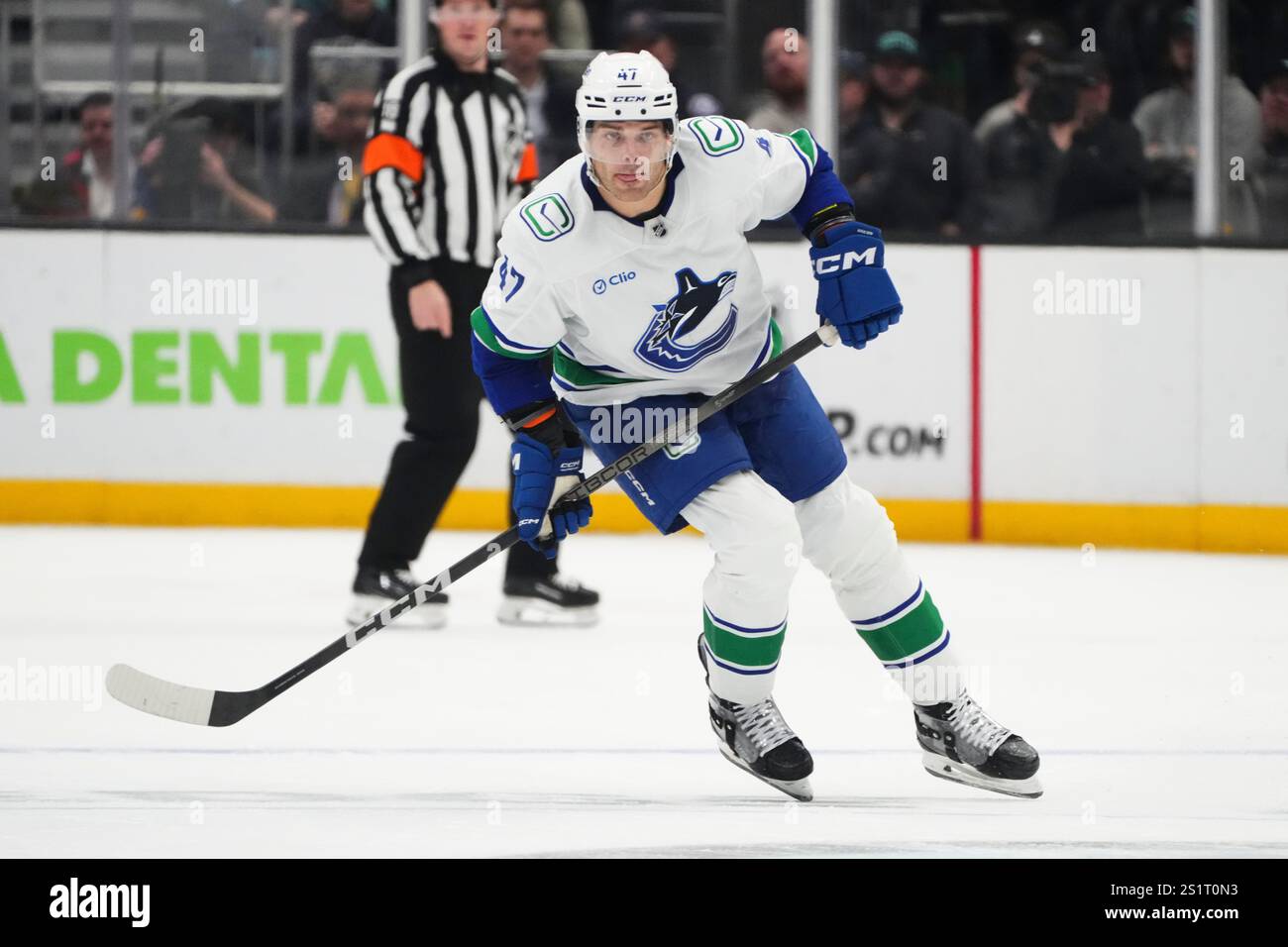 Vancouver Canucks defenseman Noah Juulsen in action against the Seattle ...